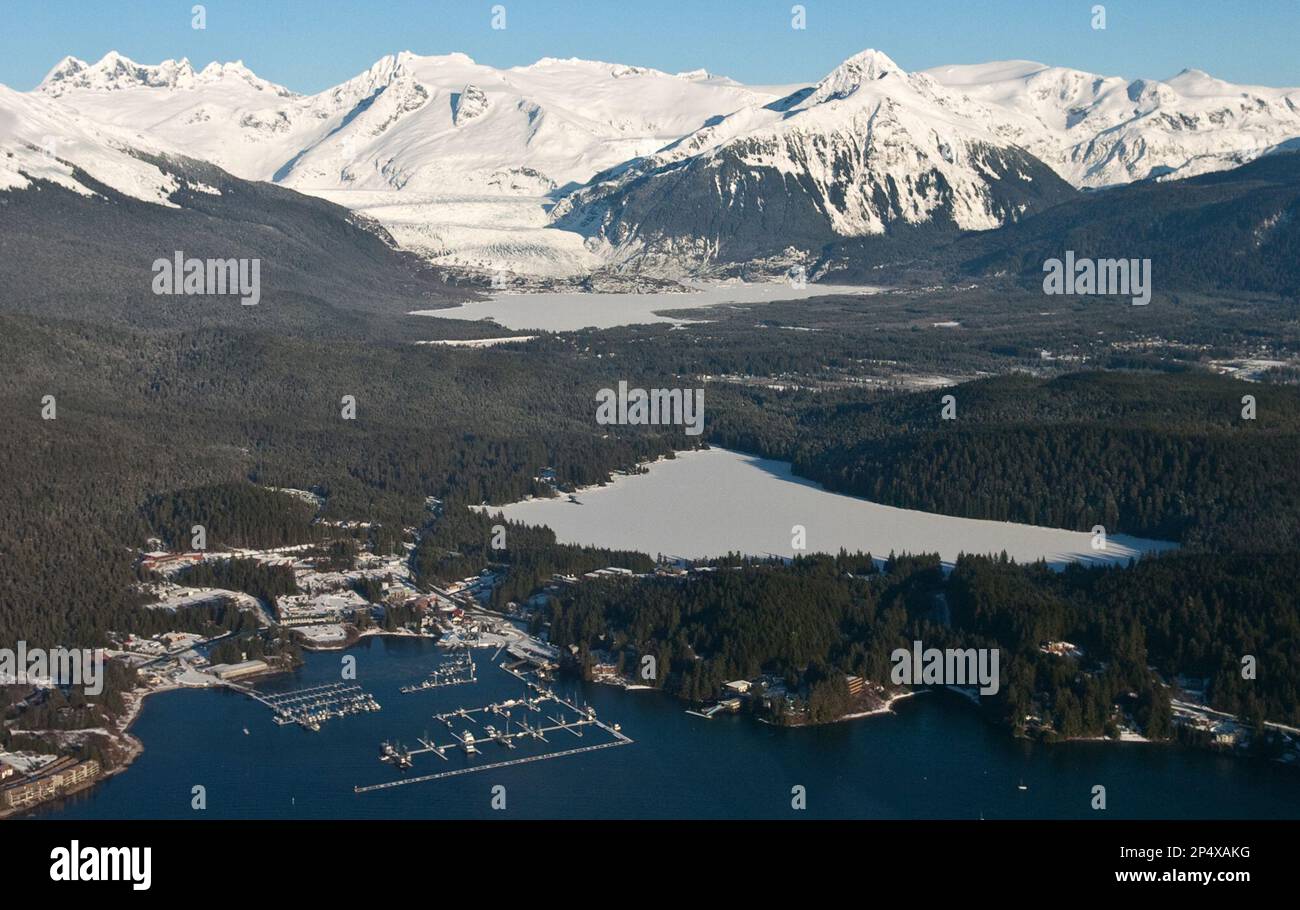 Auke Lake can be seen below Mendenhall glacier and Mendenhall Lake just ...