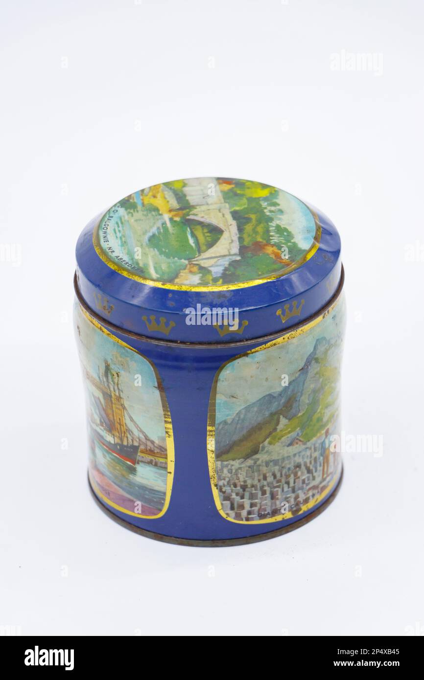vintage litho biscuit tin "four countries" with painted scenes ...
