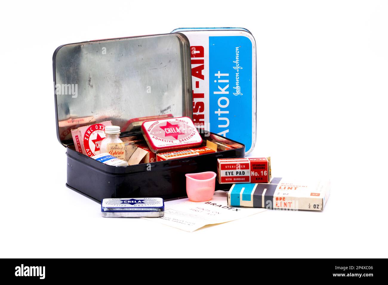1960s metal tin containing vintage first aid kit for travel or car use ...