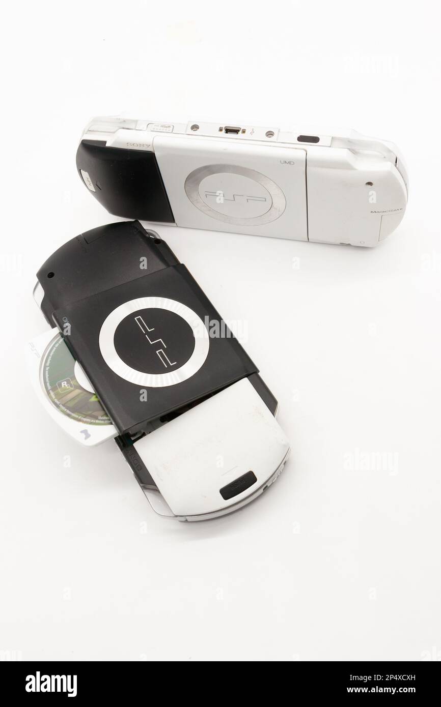 black and white Sony PSPs portable handheld games consoles Stock Photo ...