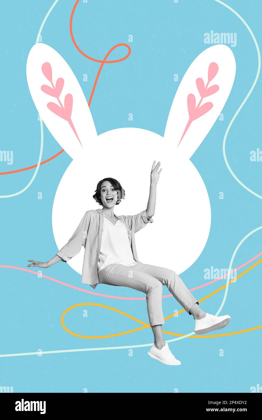Collage 3d image of pinup pop retro sketch of charming lady sitting easter hare silhouette ...