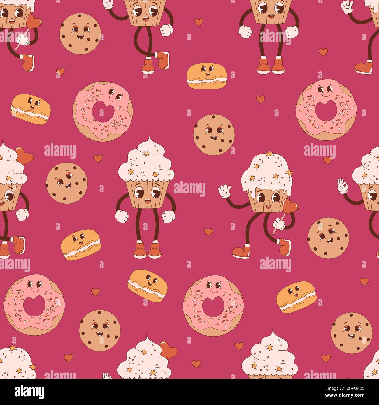 Retro seamless pattern. Cute groovy cartoon characters cupcake, donut, cookies and macarons ...
