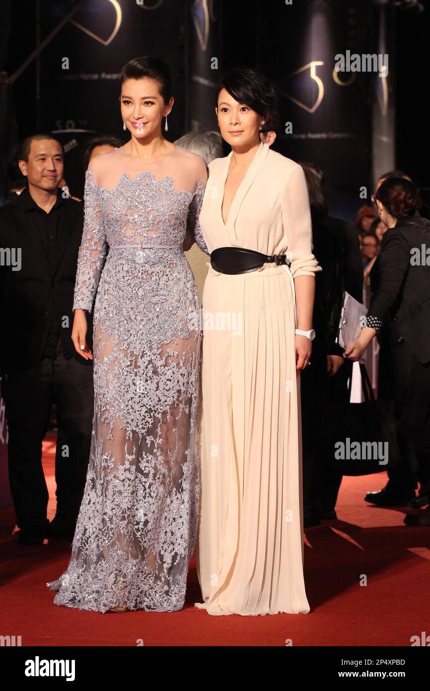 Li Bingbing(L) and Ren'e Liu arrive at the redcarpet of 50th Golden ...