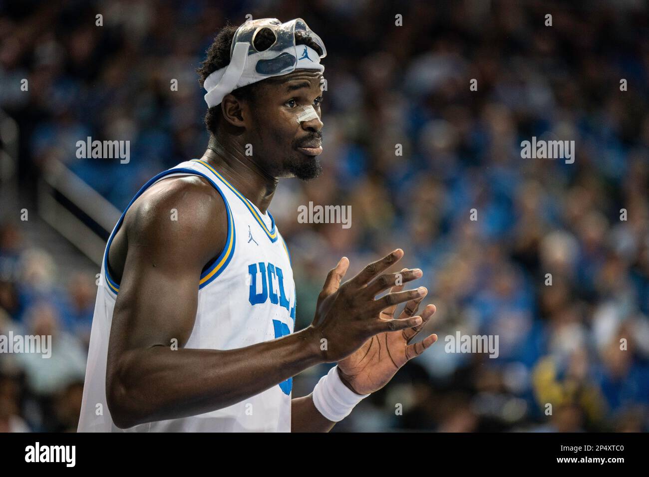 UCLA Bruins forward Adem Bona (3) reacts during a NCAA basketball game ...