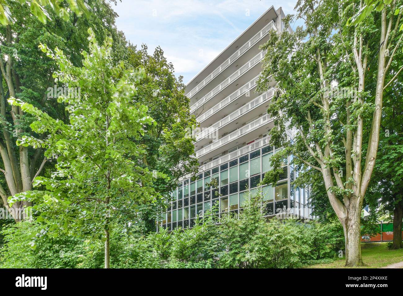 the outside of an office building with trees and bushes in front of it ...