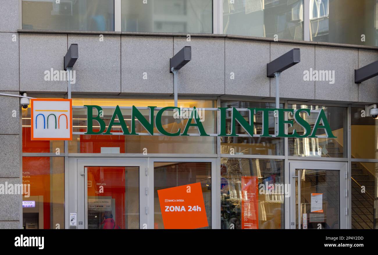 Belgrade, Serbia - February 17, 2023: 3d Sign Logo Italian Banca Intesa ...