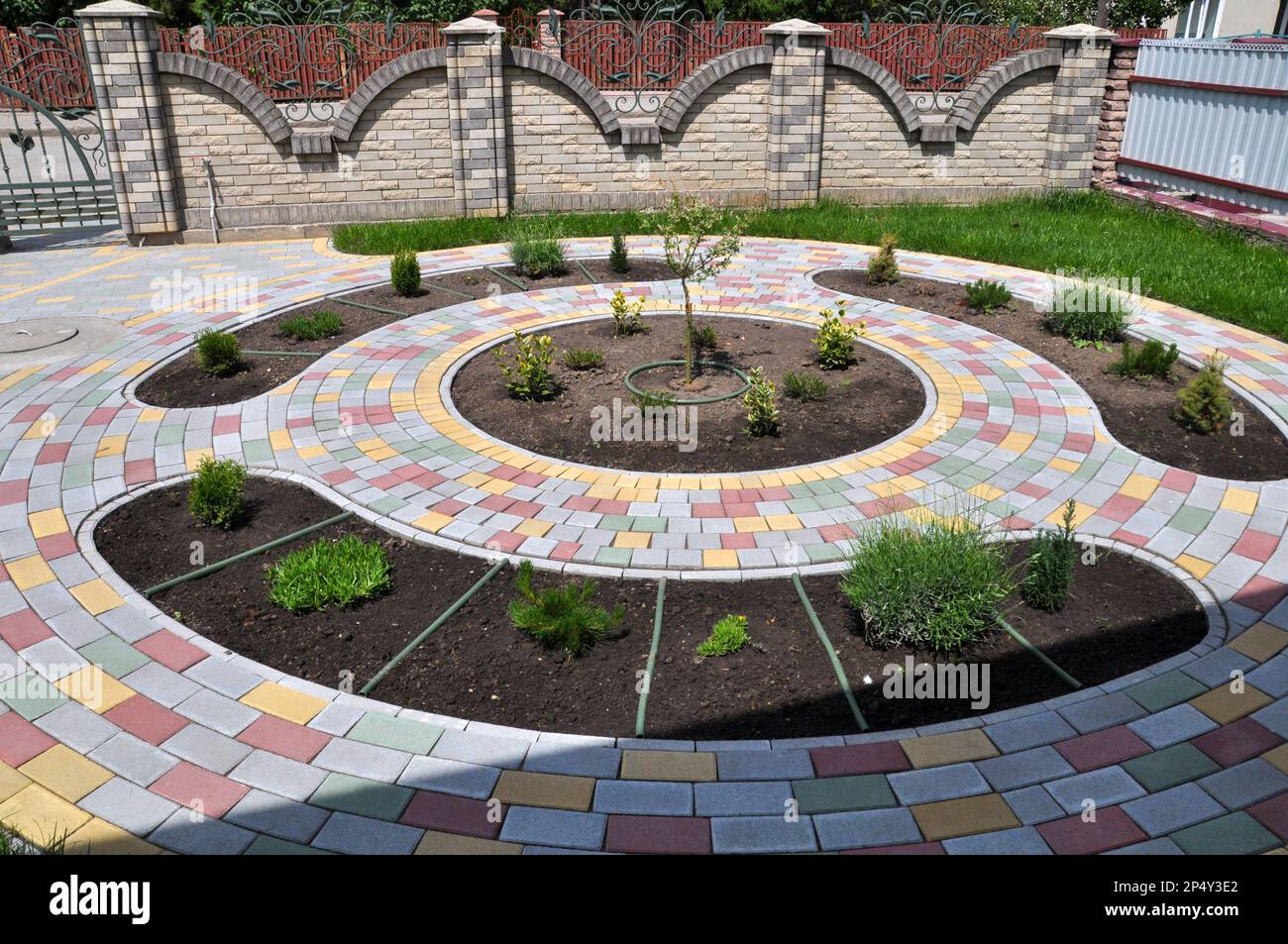 Fragments of modern design from landscaping in the garden, park, square ...