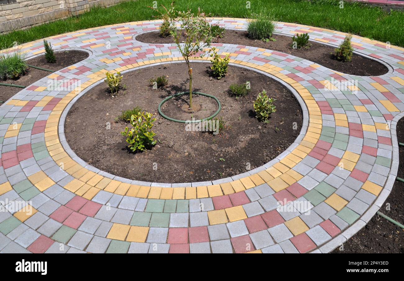 Fragments of modern design from landscaping in the garden, park, square ...