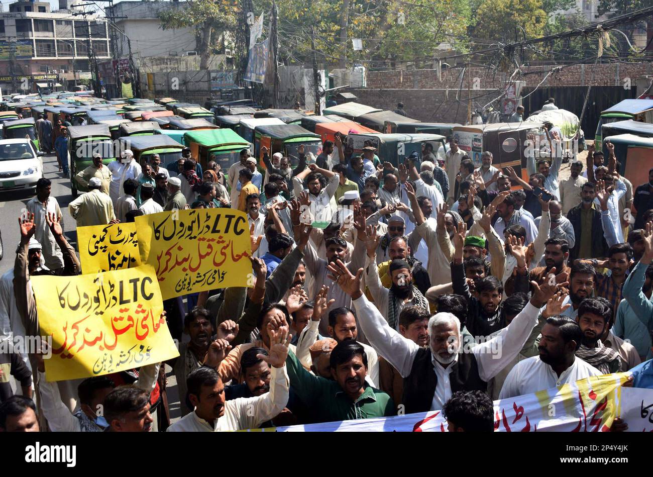 Hyderabad, Pakistan, March 6, 2023. Members of Awami Rickshaw Union are ...