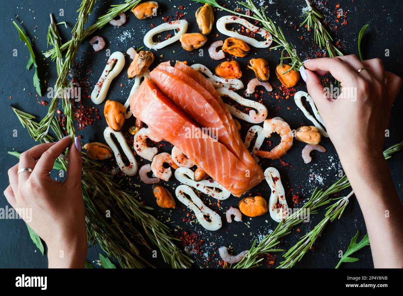 food blogger seafood layout hobby art Stock Photo - Alamy