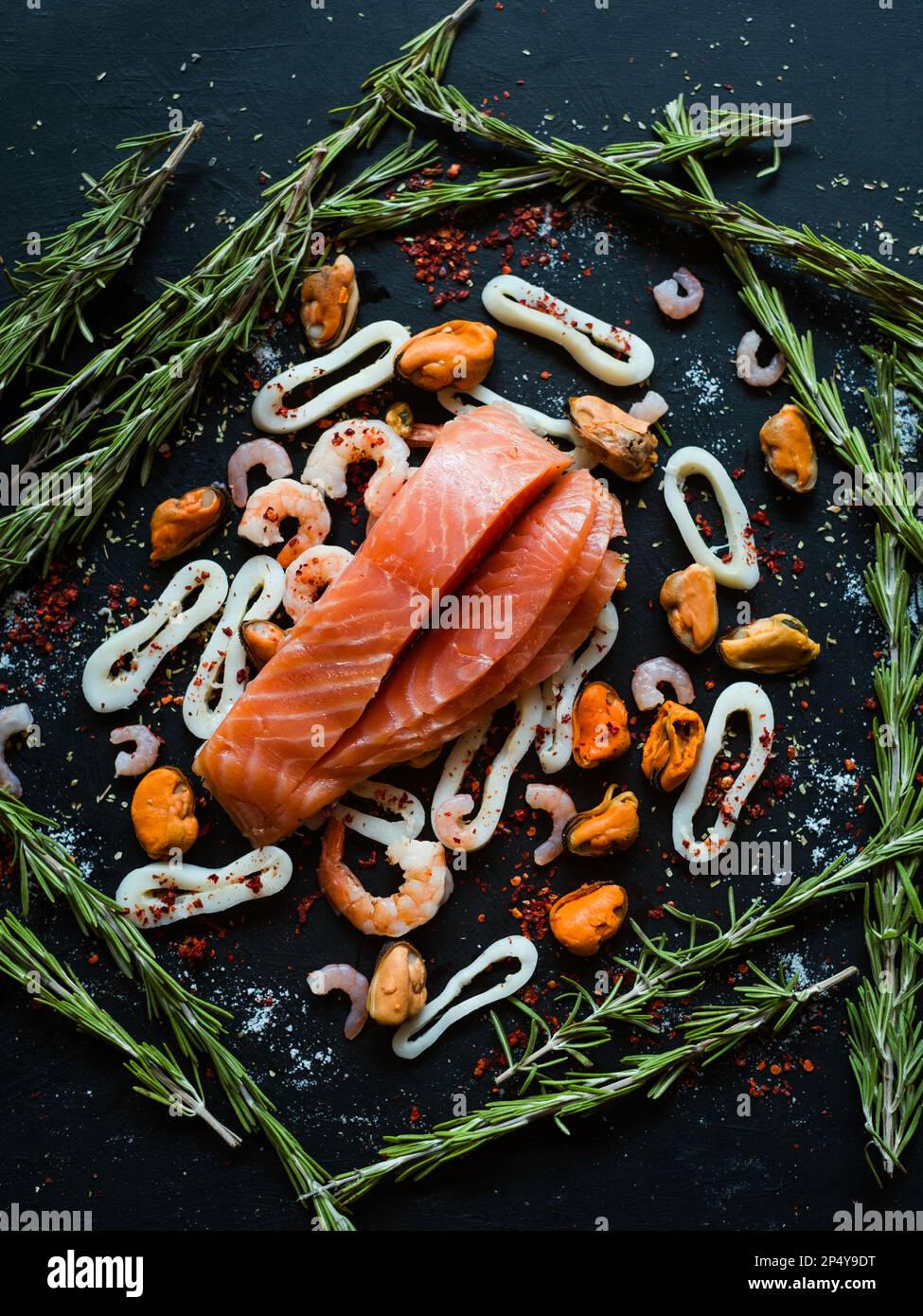seafood assortment salmon healthy eating Stock Photo - Alamy