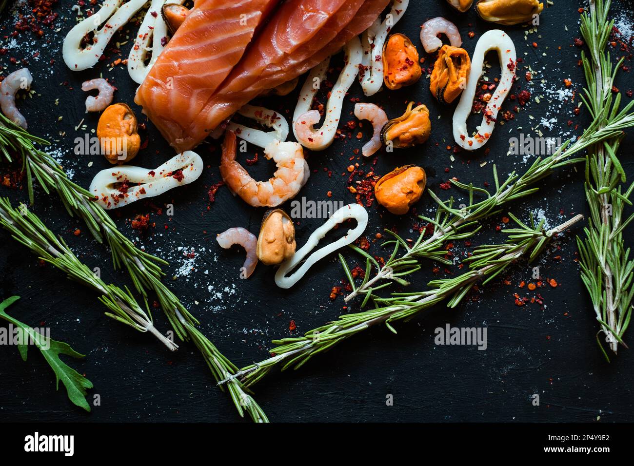 seafood assortment salmon healthy eating Stock Photo - Alamy