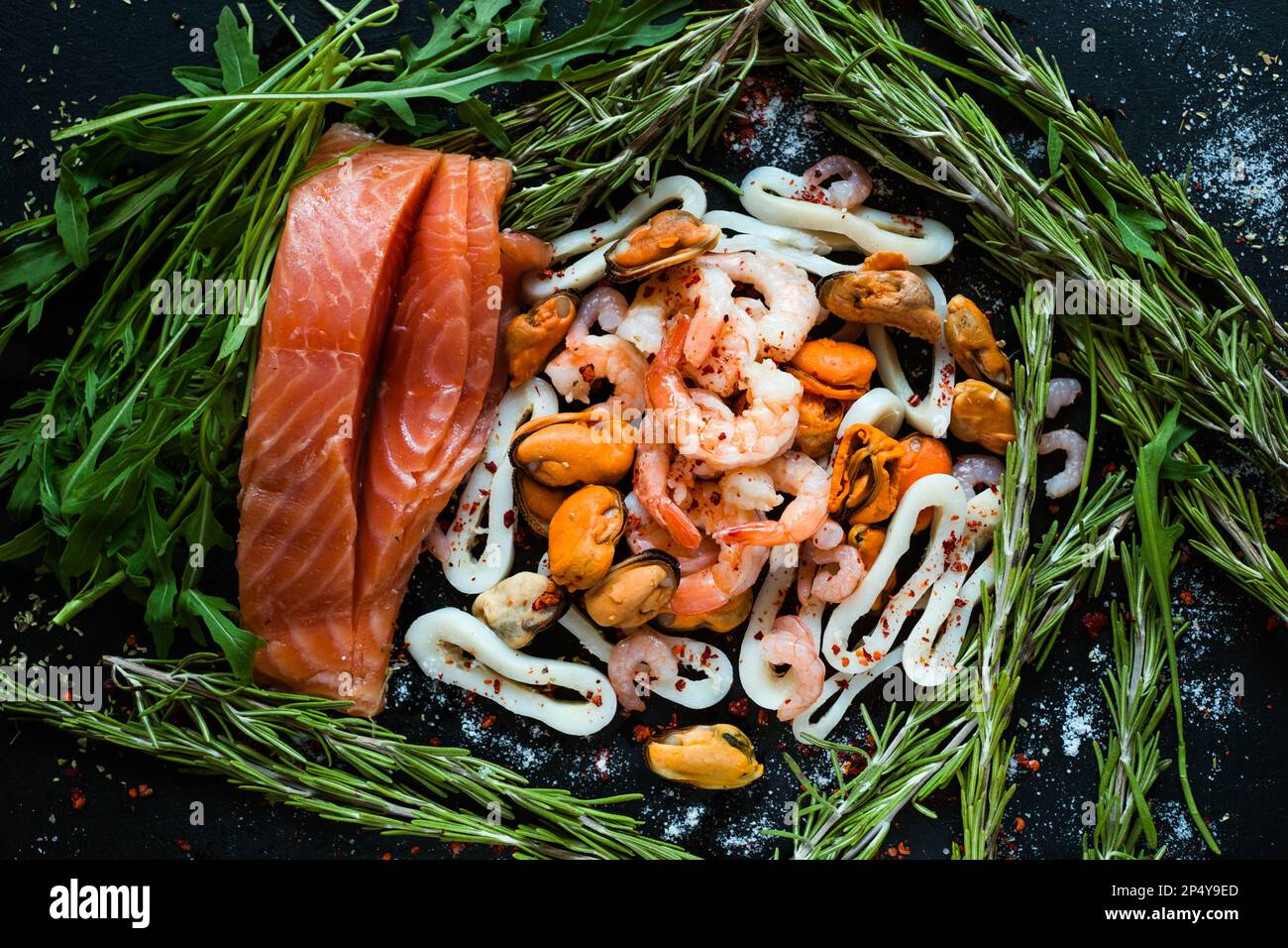 seafood assortment salmon healthy eating Stock Photo - Alamy