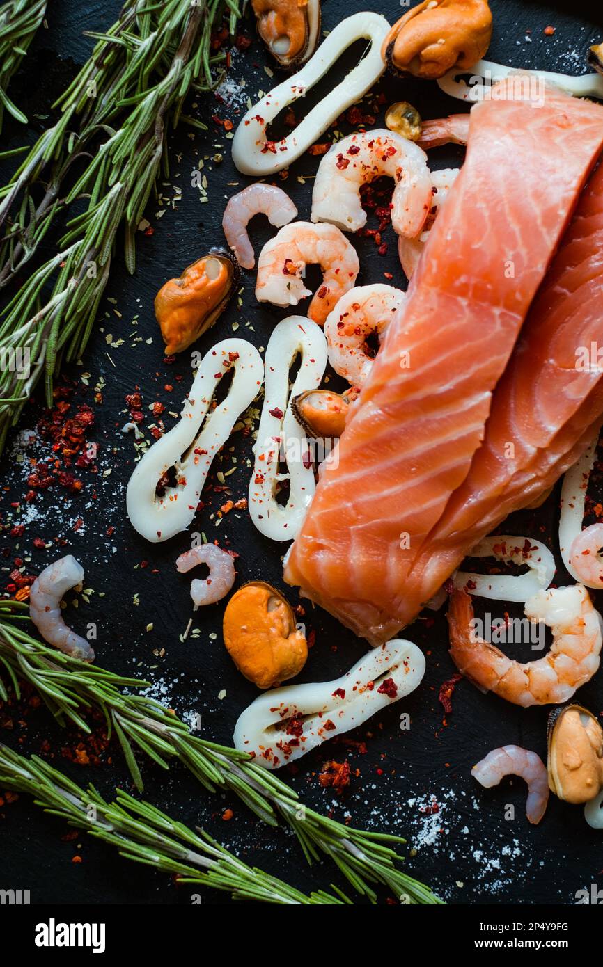 seafood assortment salmon healthy eating Stock Photo - Alamy