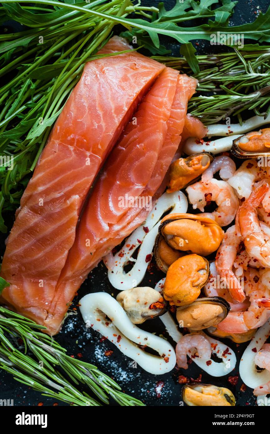 seafood assortment salmon healthy eating Stock Photo - Alamy