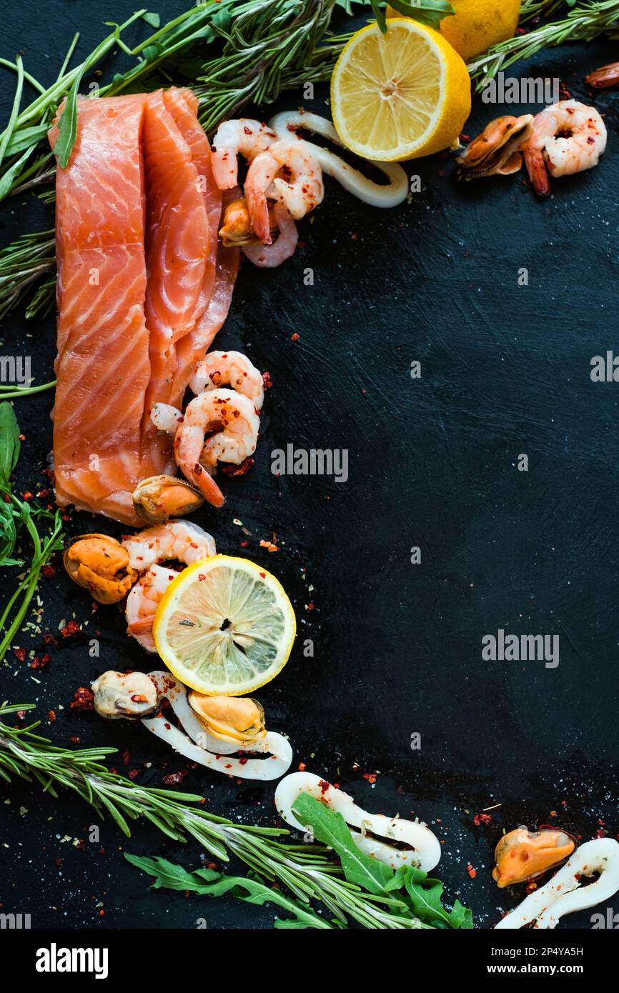 seafood assortment salmon healthy eating Stock Photo - Alamy