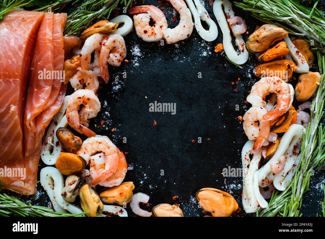seafood assortment salmon healthy eating Stock Photo - Alamy