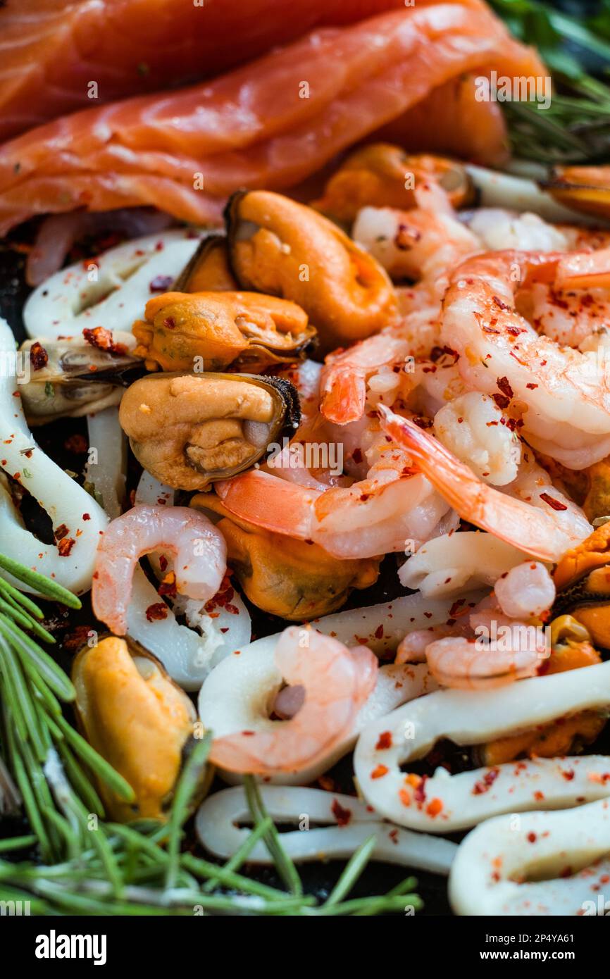seafood assortment salmon healthy eating Stock Photo - Alamy