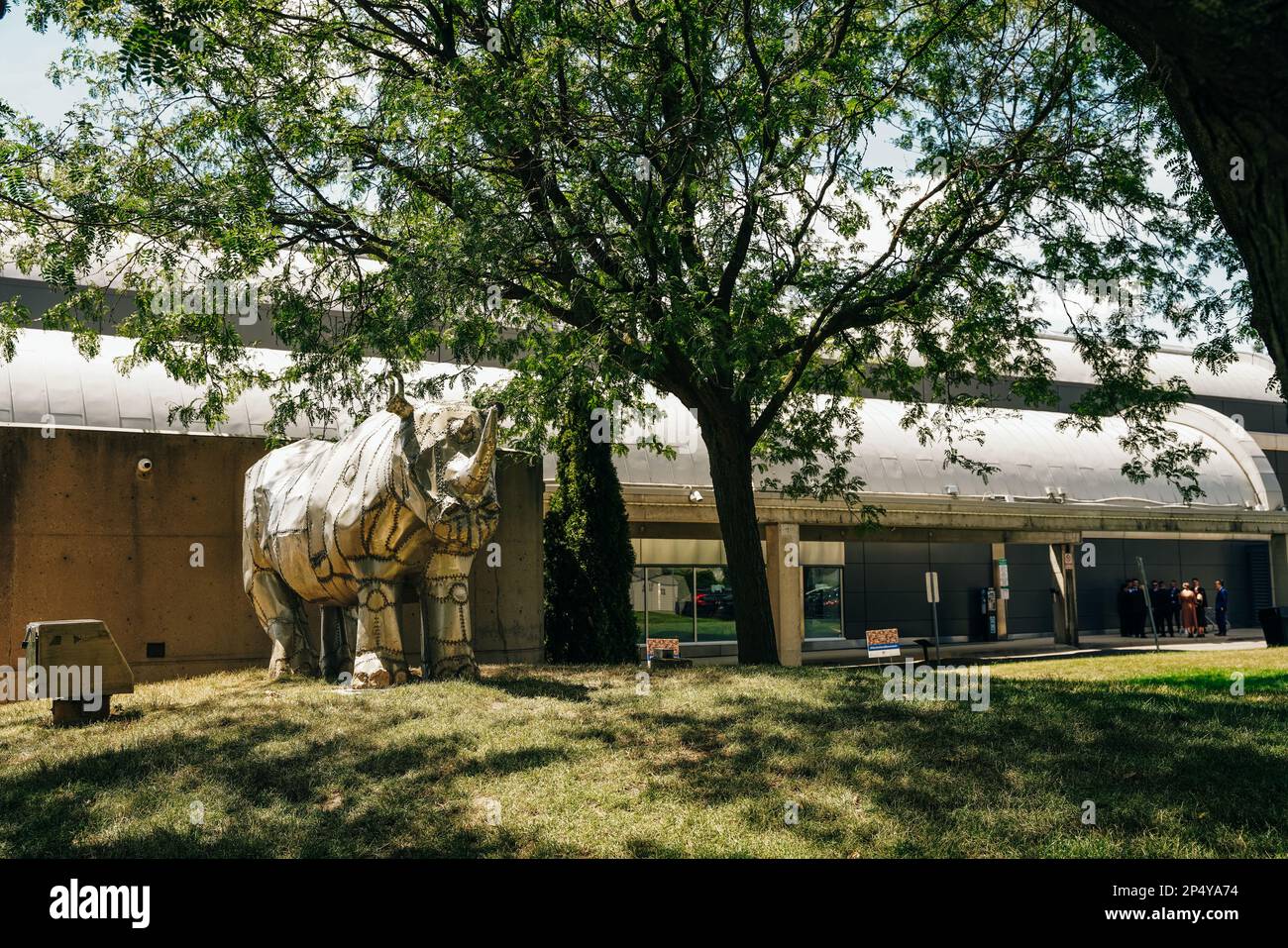 London, Ontario, Canada - Sep 2022 Aluminum sculpture of a white rhino ...
