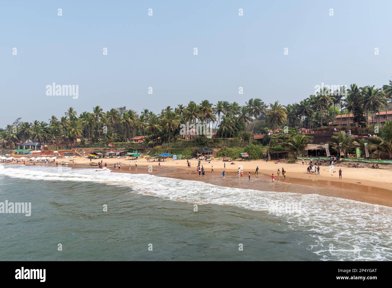 Candolim, Goa, India - January 2023: A view of the crowded beach lined ...