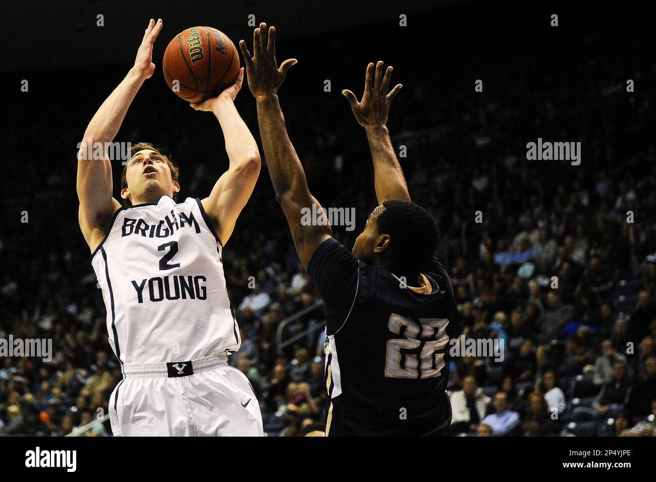 Brigham Young guard Matt Carlino (2) attempts to shoot over Mount St ...