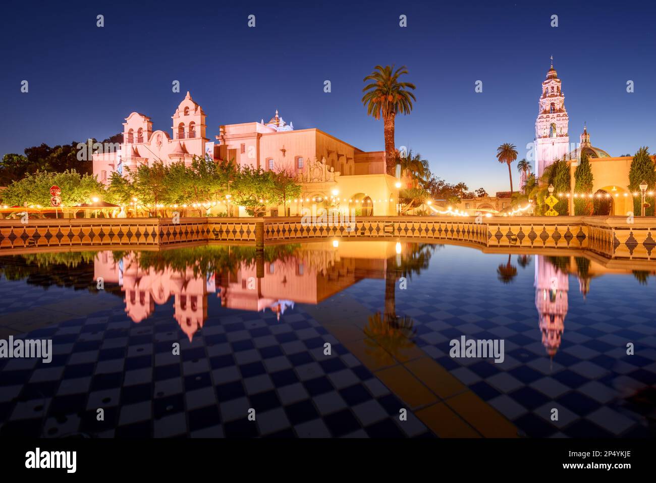 San Diego, California, USA plaza fountain at night in the Prado Stock ...