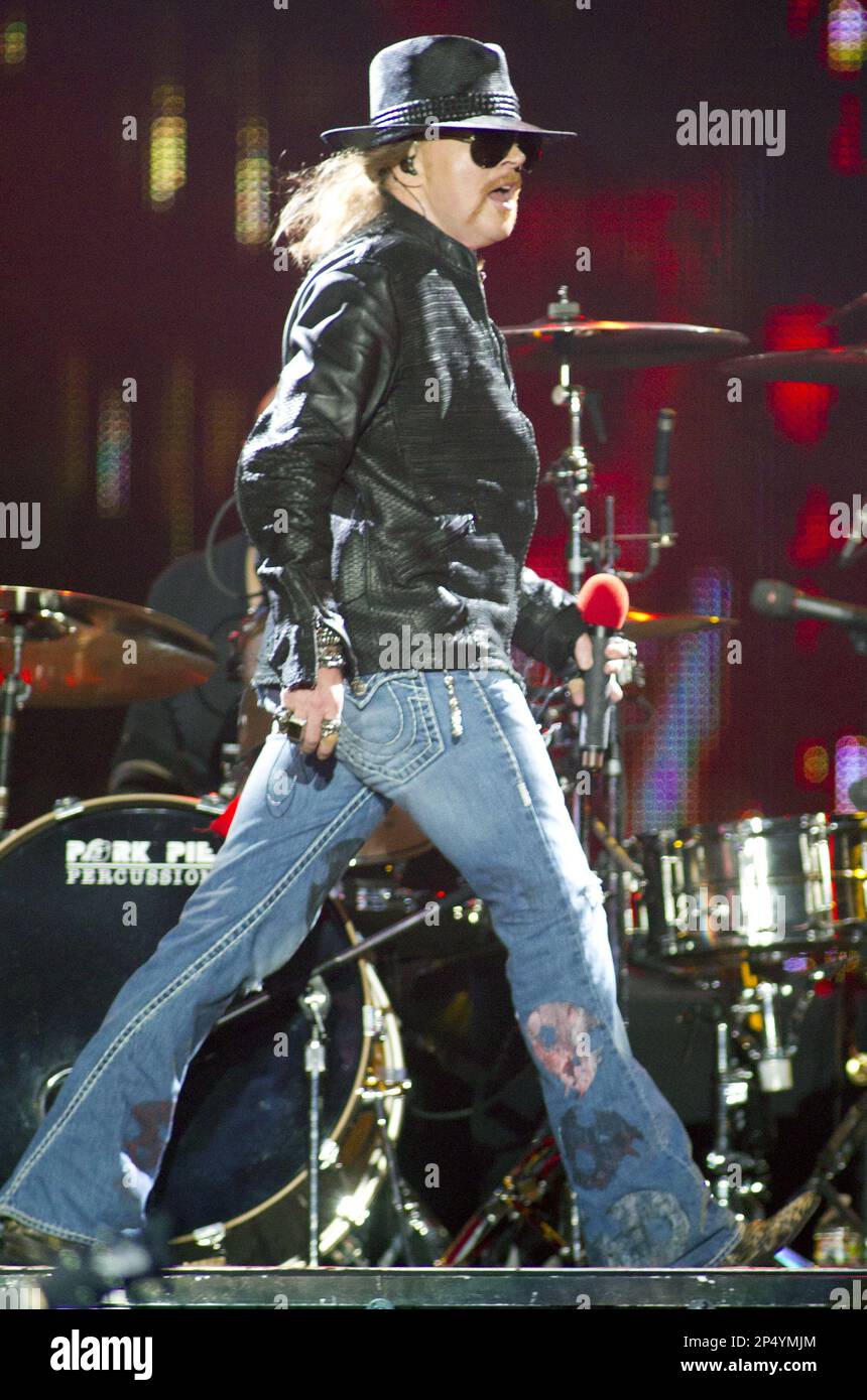 Vocalist Axl Rose of Guns N' Roses performs on stage at The Forum on ...