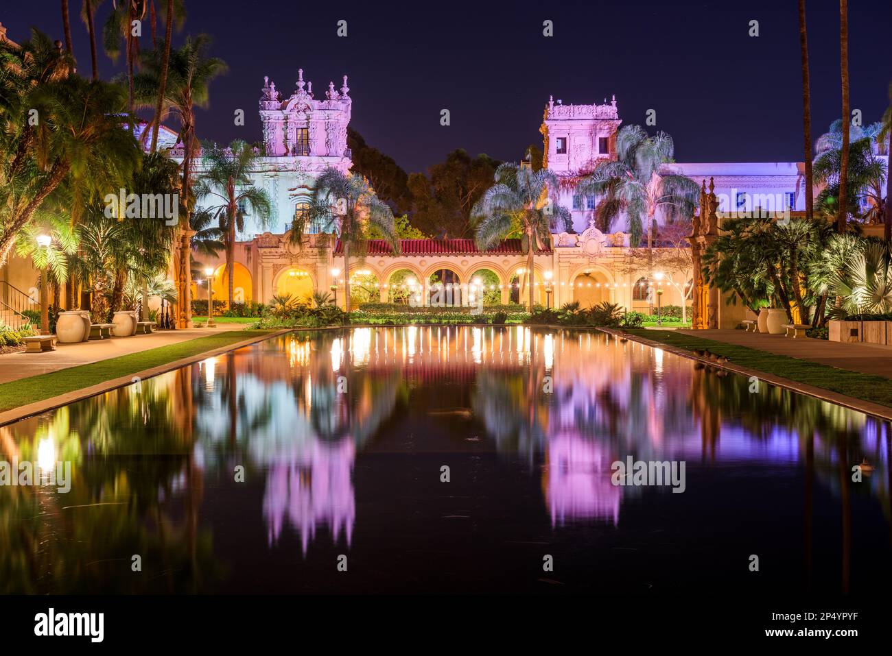 San Diego, California, USA plaza fountain at night in the Prado Stock ...
