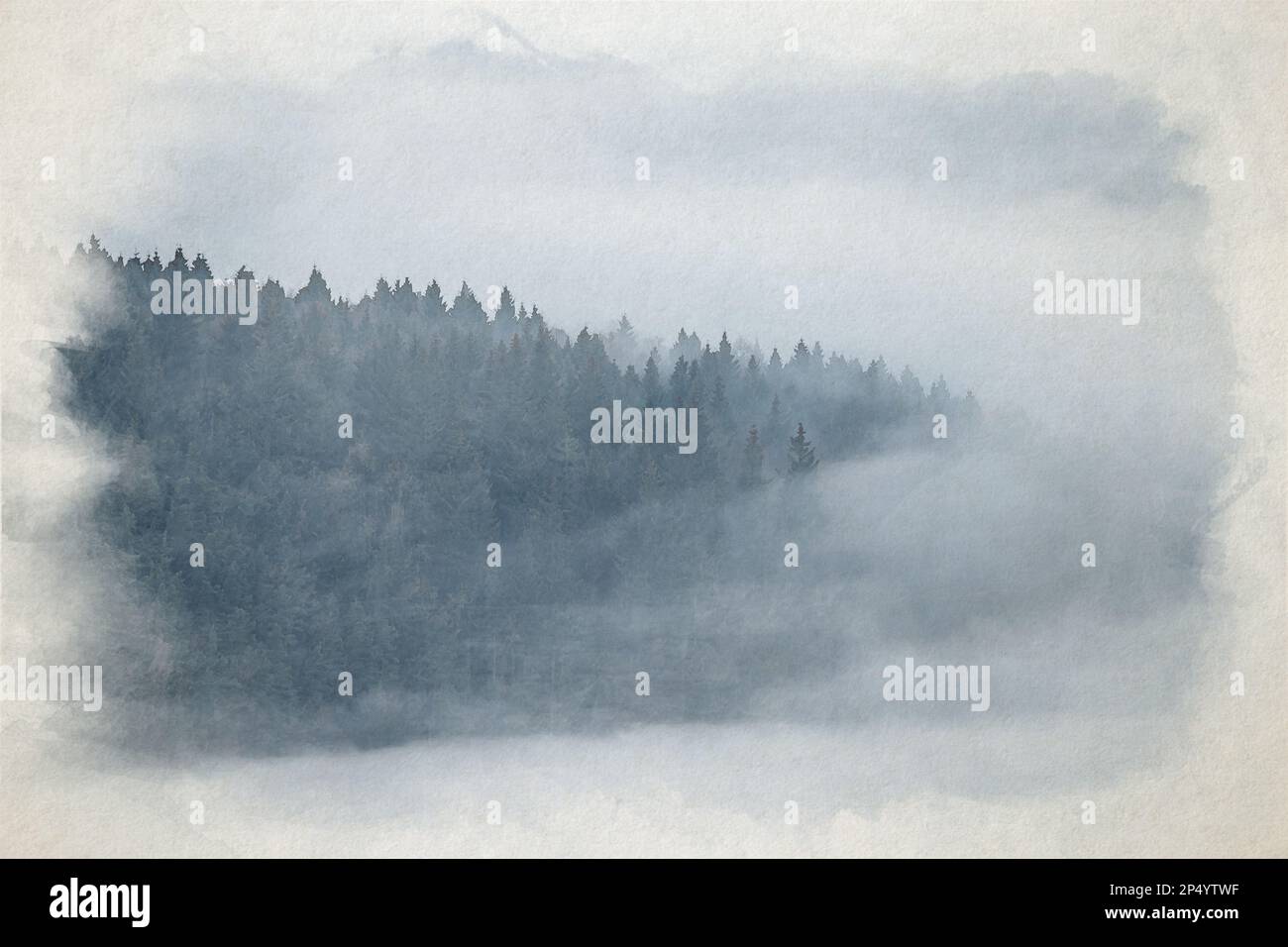 Trees, and fog digital watercolour painting of a Bamford Edge landscape ...