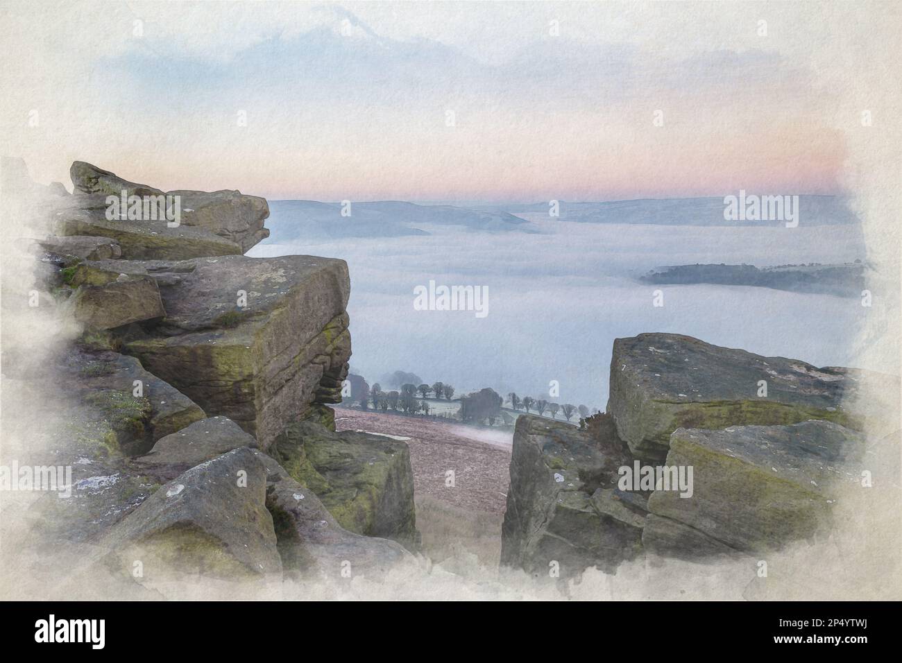Bamford Edge. Ladybower, and Hope Valley. Digital watercolour painting ...