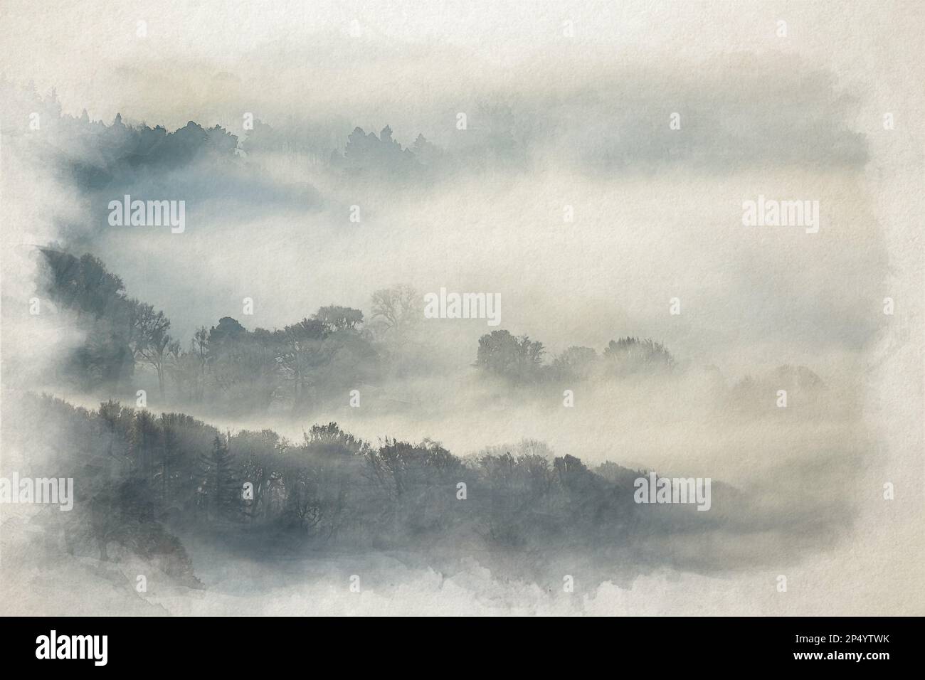 Trees, and fog digital watercolour painting of a Bamford Edge landscape ...