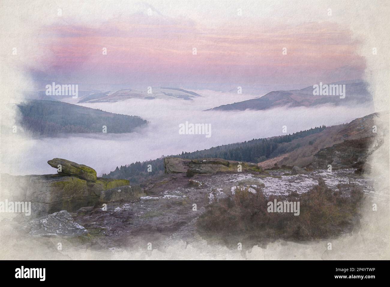 Bamford Edge. Ladybower, and Hope Valley. Digital watercolour painting ...