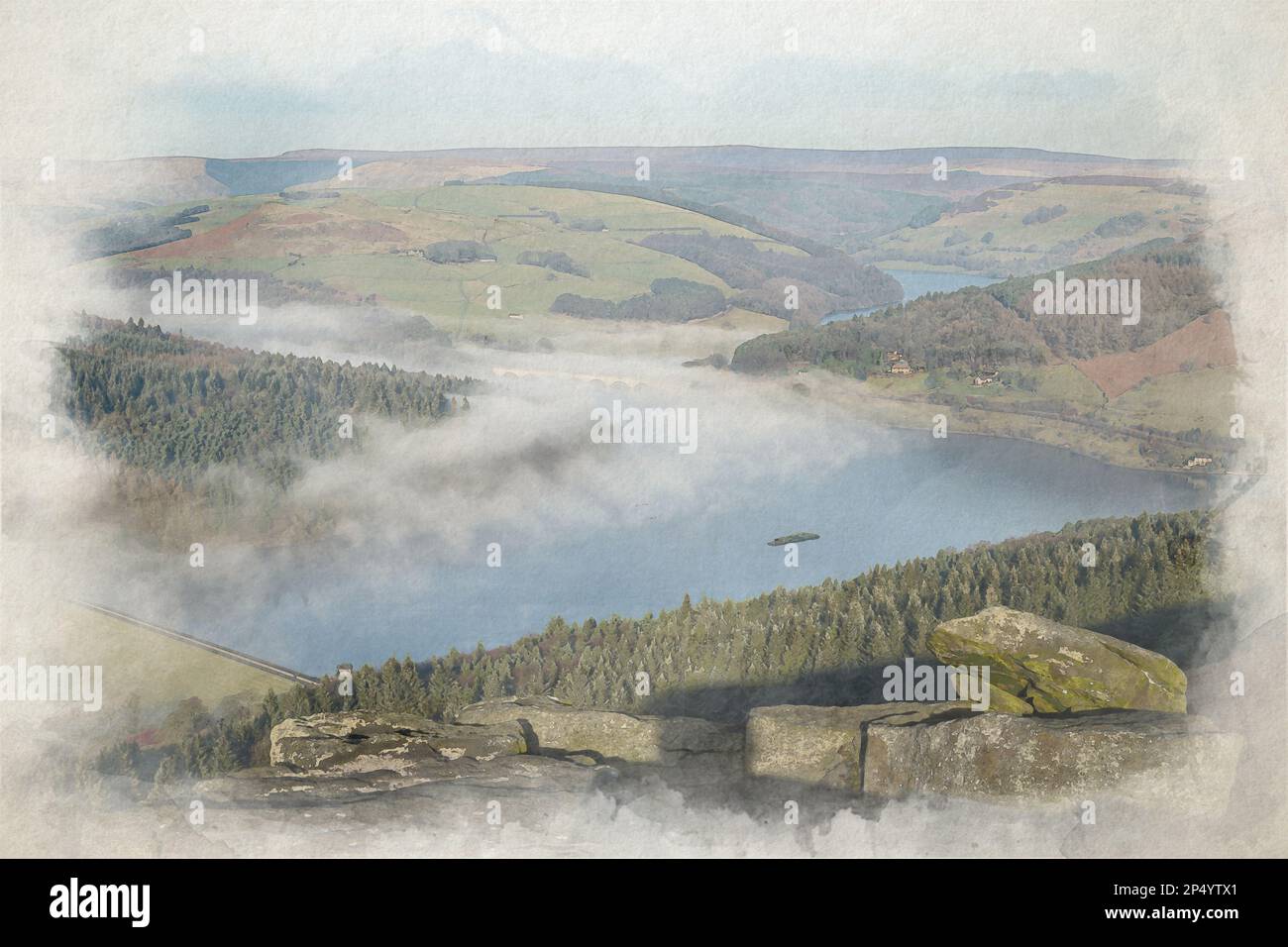 Bamford Edge. Ladybower, and Hope Valley. Digital watercolour painting ...