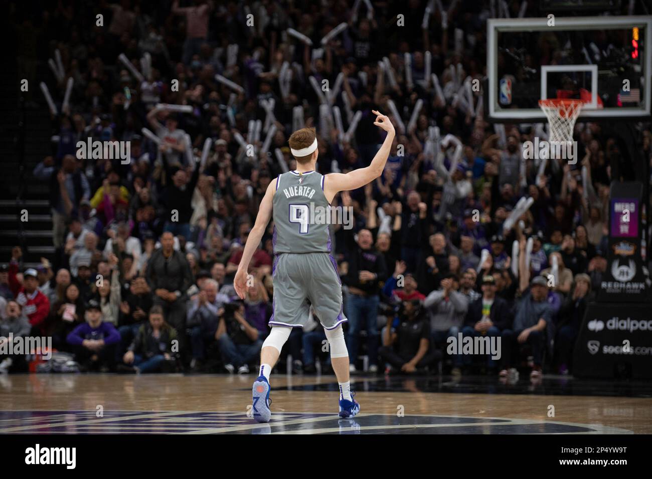 Sacramento Kings guard Kevin Huerter (9) reacts after making a three ...