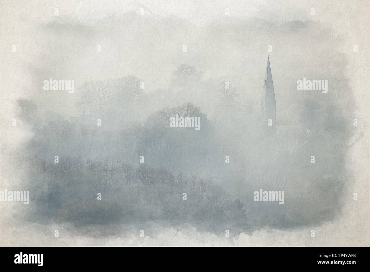 Trees, and fog digital watercolour painting of a Bamford Edge landscape ...