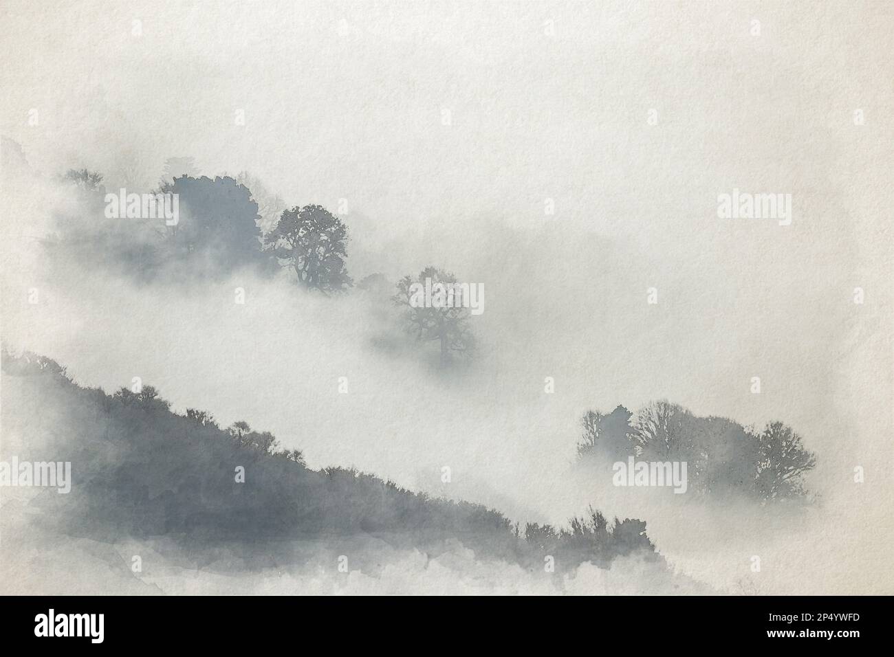 Trees, and fog digital watercolour painting of a Bamford Edge landscape ...