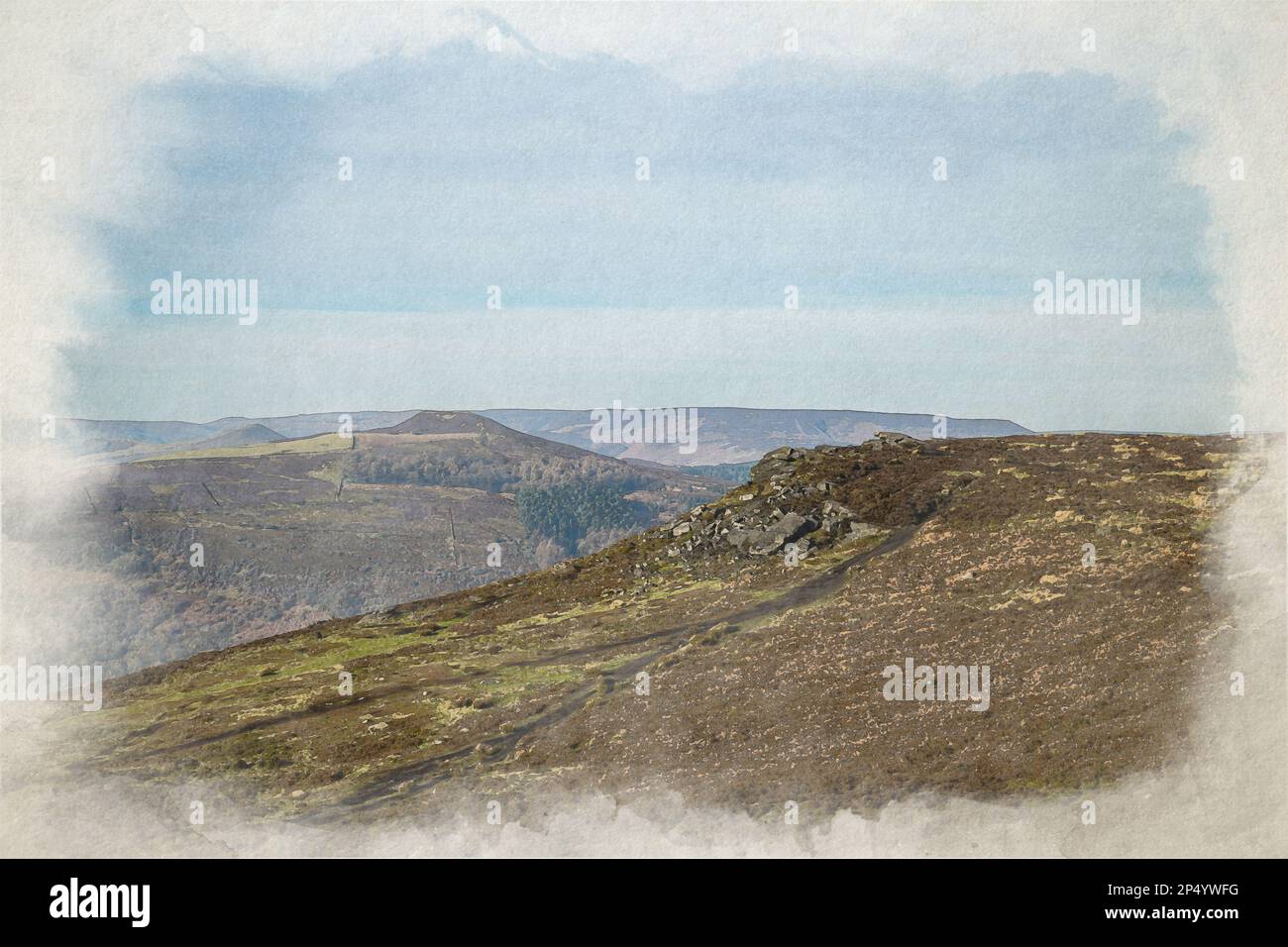 Digital watercolour painting of a Bamford Edge winter sunrise view of ...