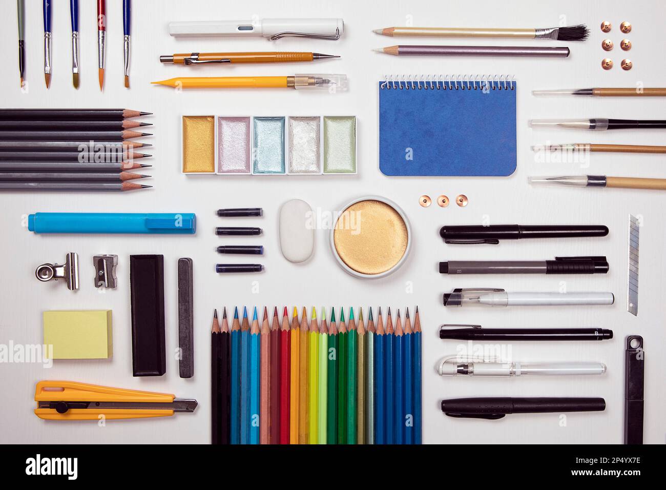 Designer work tools flat lay composition on white background. Painting ...