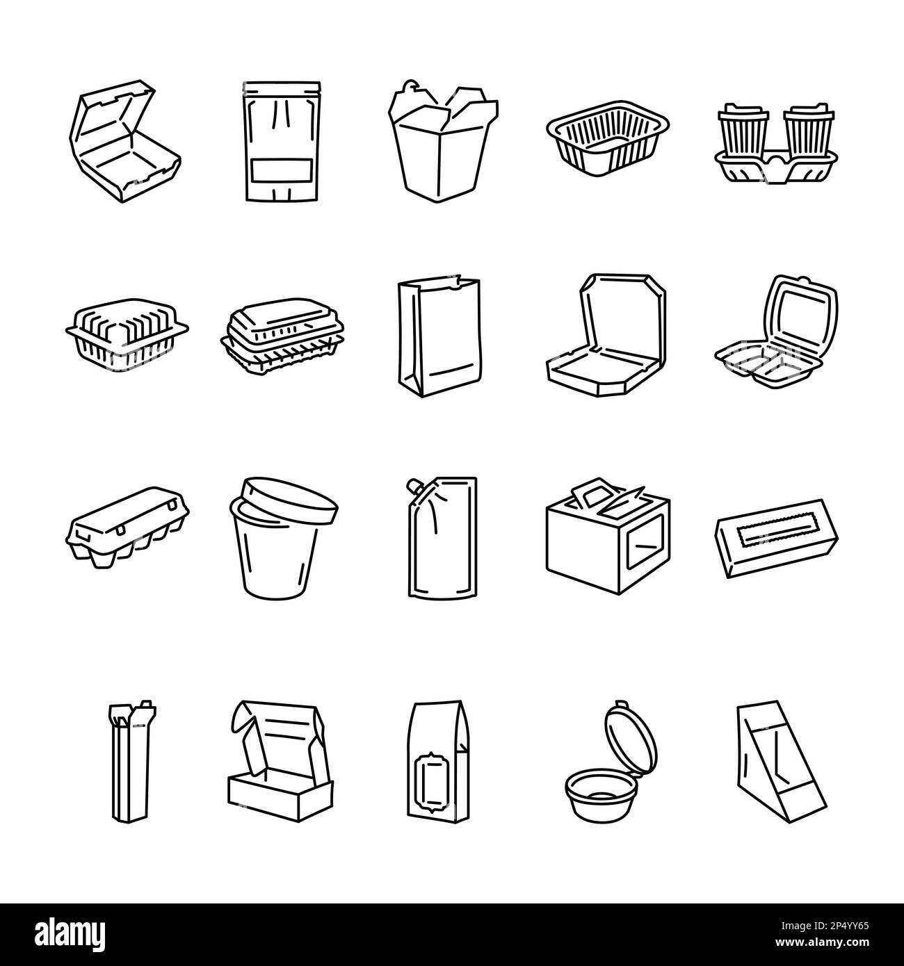 Packaging for takeaway food black line icons set. Takeout fastfood ...