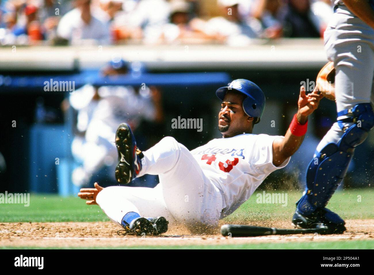 Raul Mondesi of the Los Angeles Dodgers during a game at Dodger Stadium ...