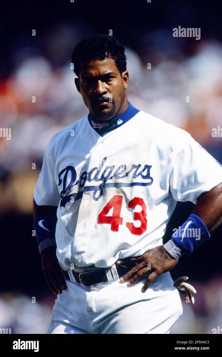 Raul Mondesi of the Los Angeles Dodgers during a game at Dodger Stadium ...