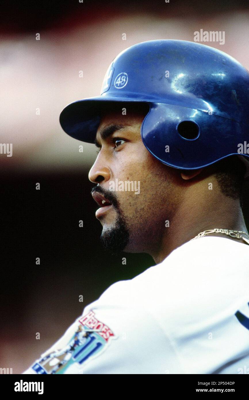 Raul Mondesi of the Los Angeles Dodgers during a game at Dodger Stadium ...