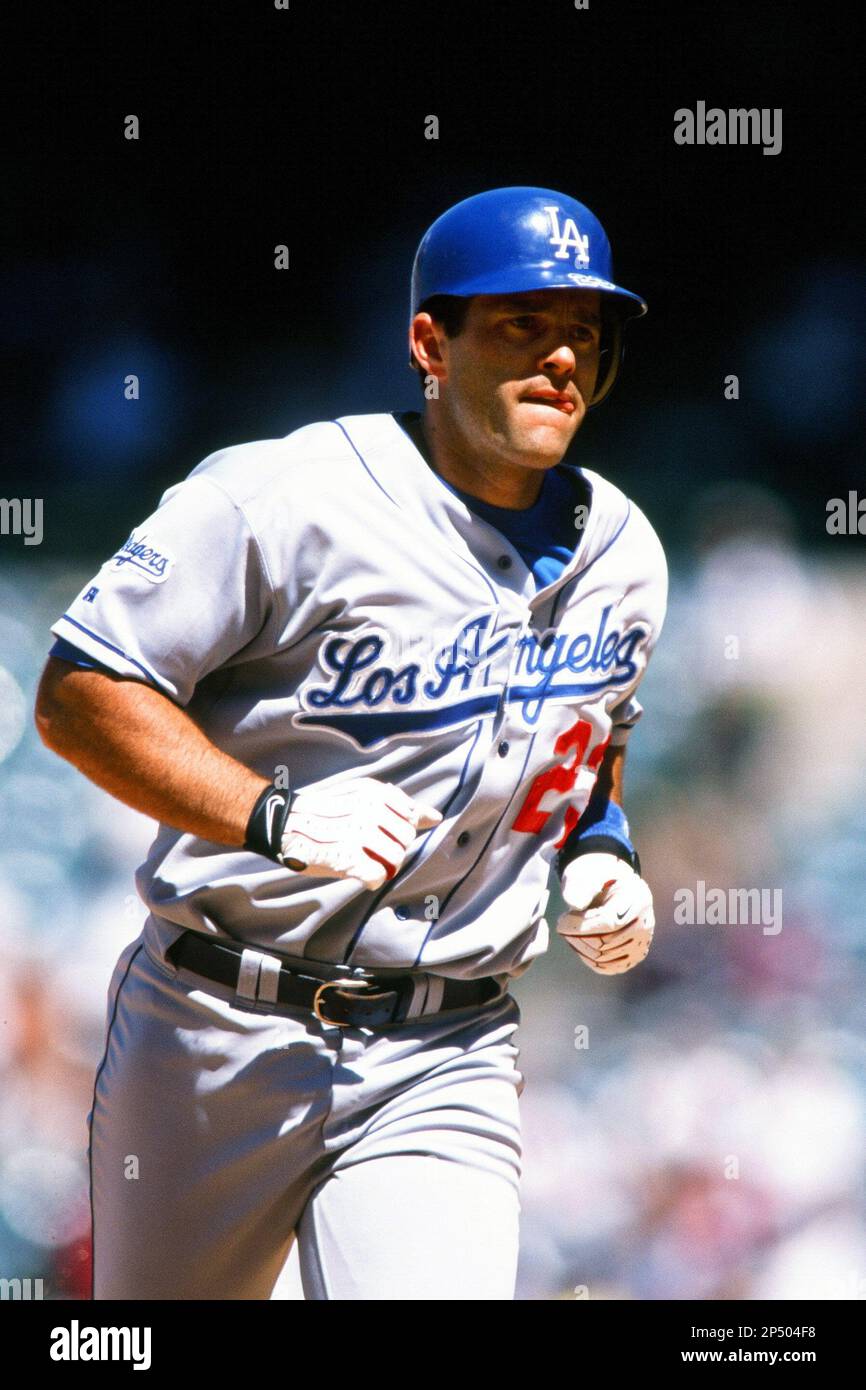 Eric Karros of the Los Angeles Dodgers during a game at Angel Stadium ...