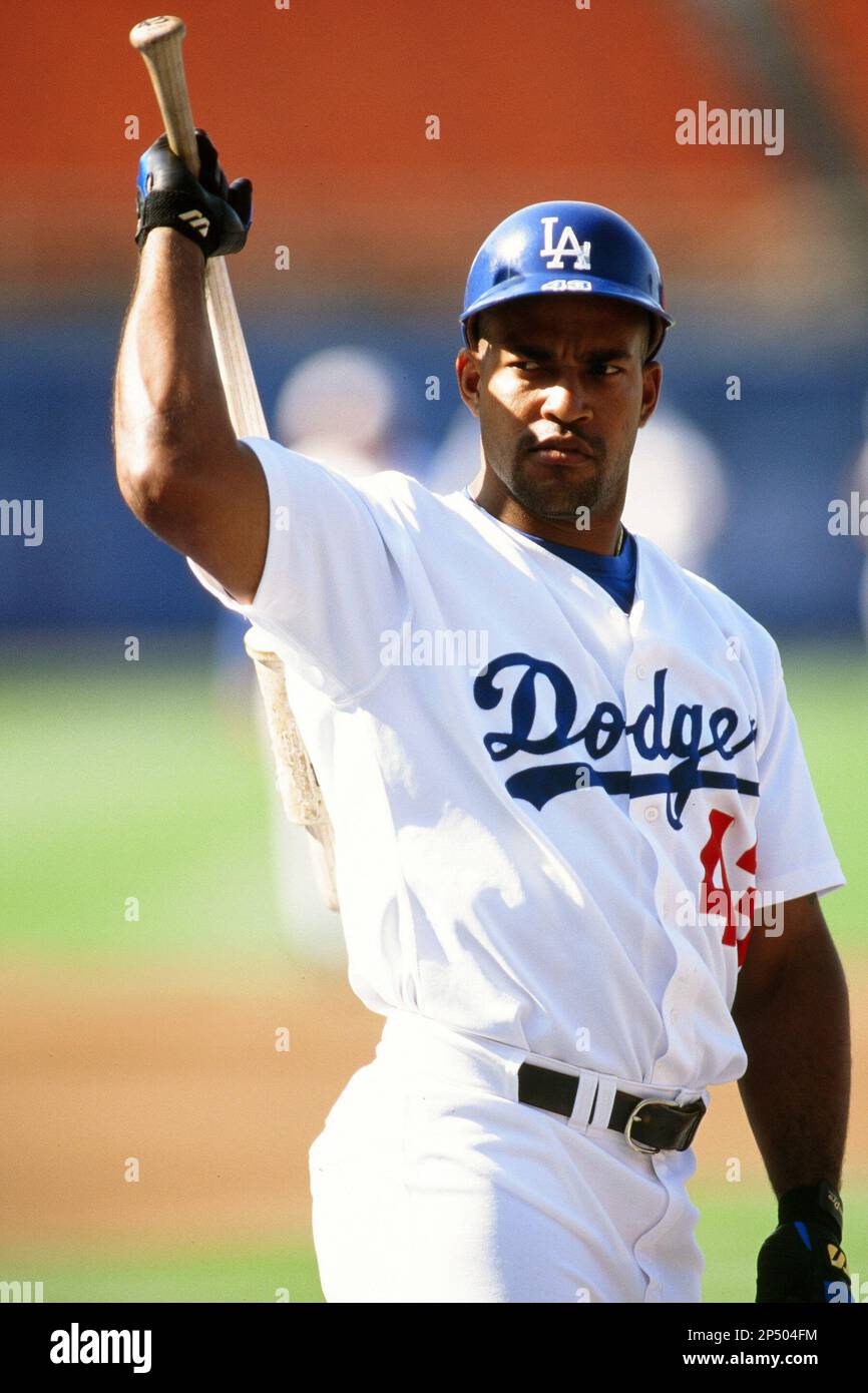 Raul Mondesi of the Los Angeles Dodgers during a game at Dodger Stadium ...