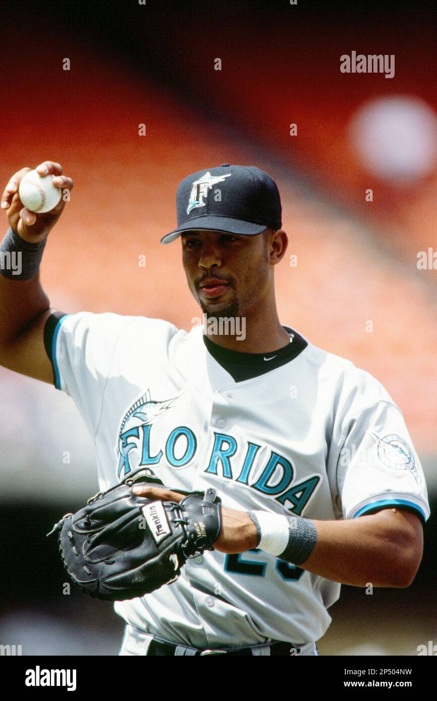 Derrek Lee of the Florida Marlins during a game against the Los Angeles ...