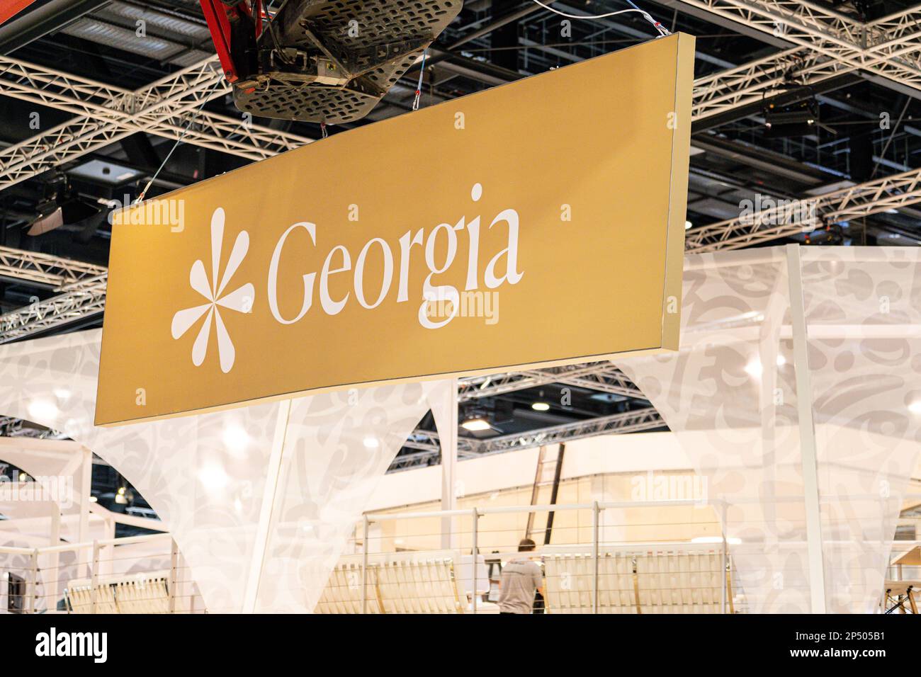 Berlin, Germany. 06th Mar, 2023. A "Georgia" sign hangs on the stand ...