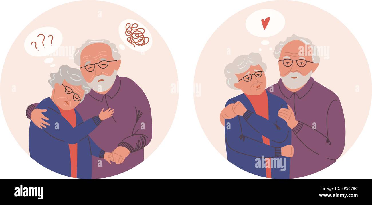 Old adult couple mental health vector illustrations set. Anxious and ...