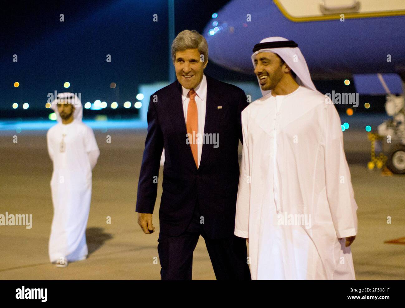 U.S. Secretary of State John Kerry, left, is greeted by United Arab ...
