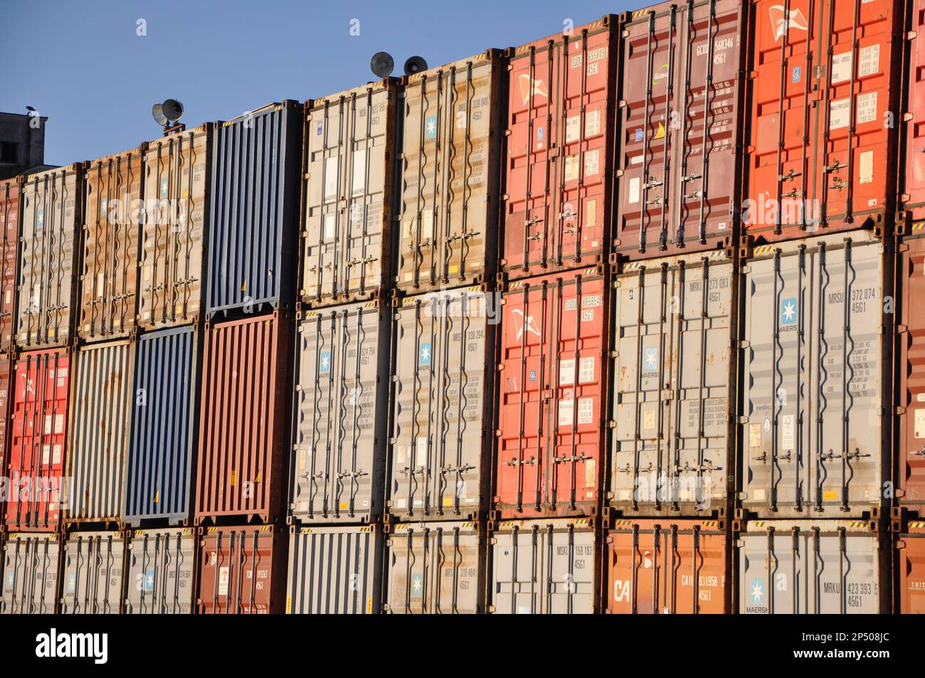 Rijeka,Croatia, February 2023.Stack of containers in a harbor. Plenty ...