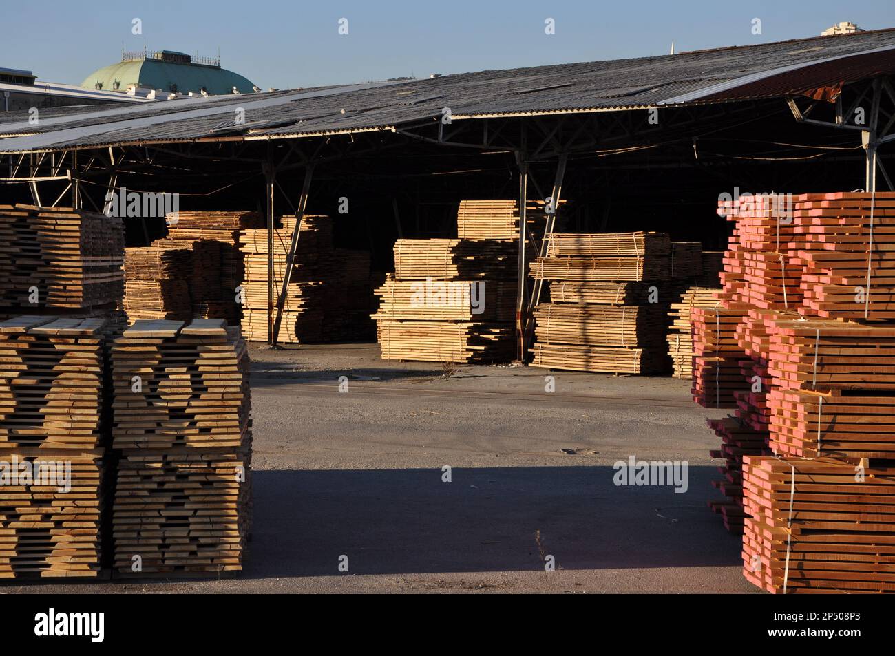Wood factory stock and lumber board with nature business export. Stack ...